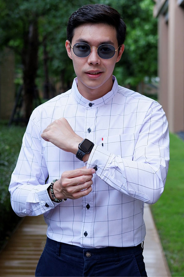 Setshirt เสื้อเชิ้ตคอจีนลายตารางแขนยาว สีครีม แดง น้ำเงิน ไซส์ M